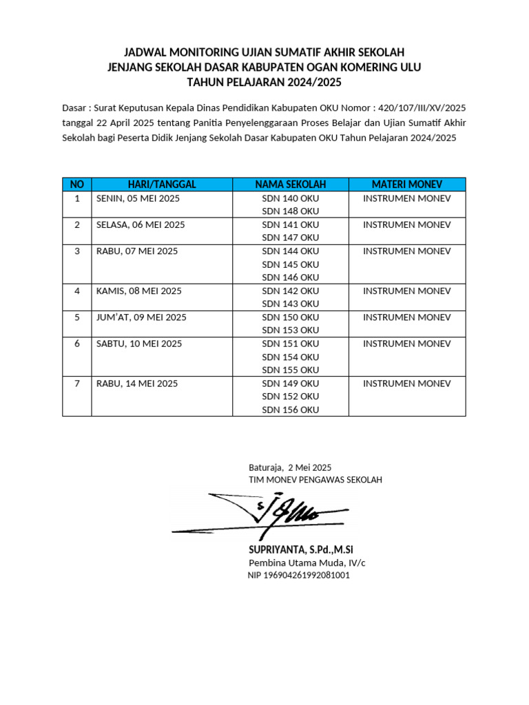 Jadwal Monitoring Ujian Sumatif Akhir Sekolah 2025 | PDF