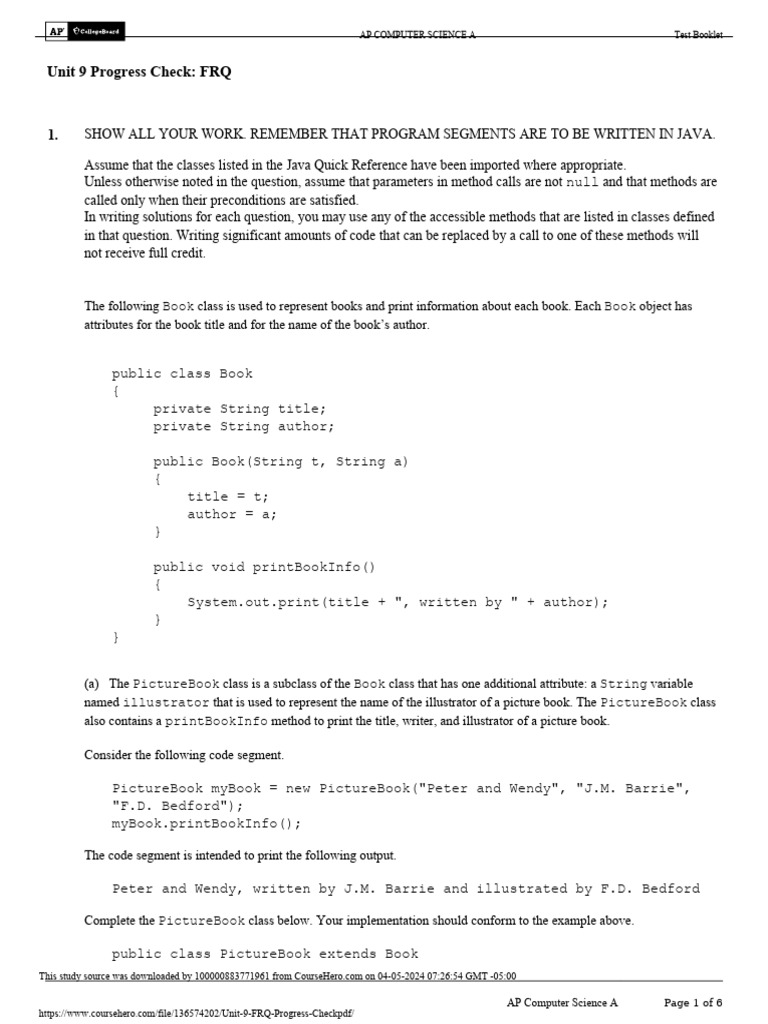 Unit_9_FRQ_Progress_Check.pdf.pdf | PDF | Inheritance (Object Oriented Programming ...