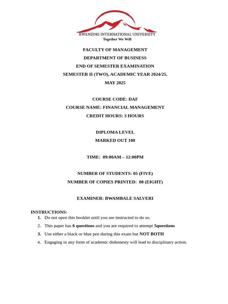 Financial Management Diploma Exam 2025 | PDF | Business | Business ...