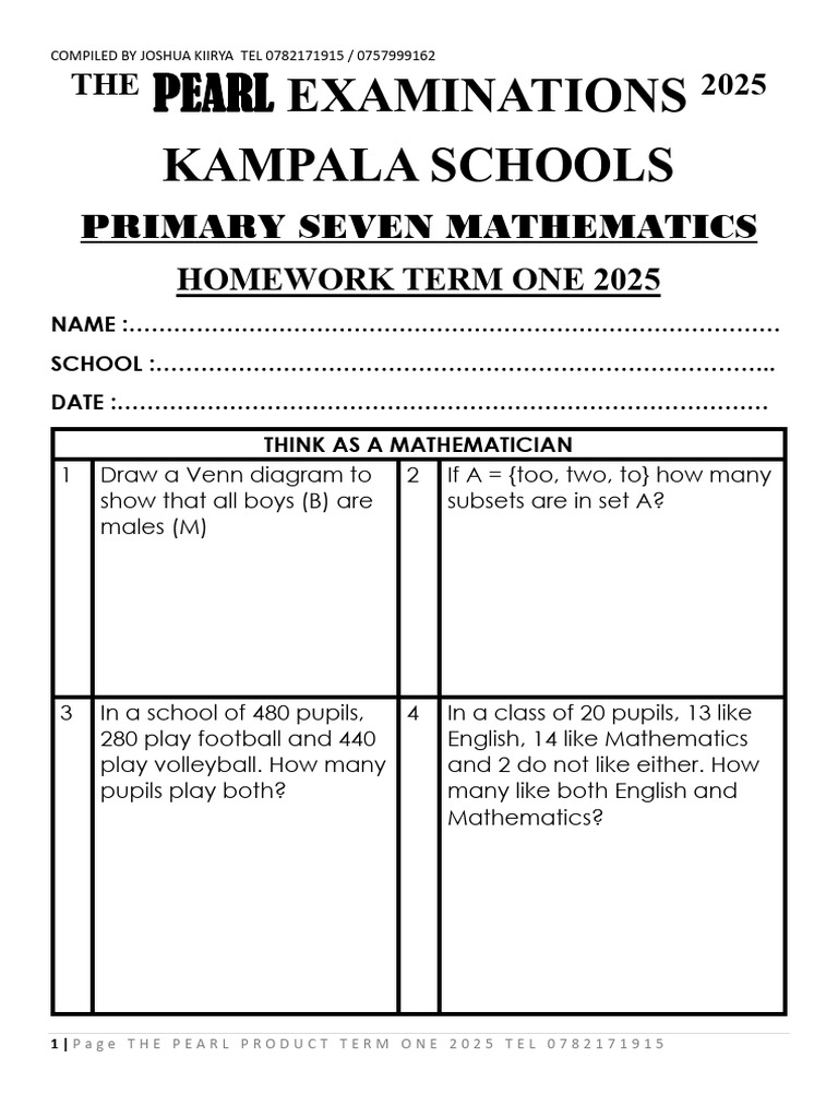 Pearl p.7 Maths Home Work Term One 2025-1 | PDF | Mathematics