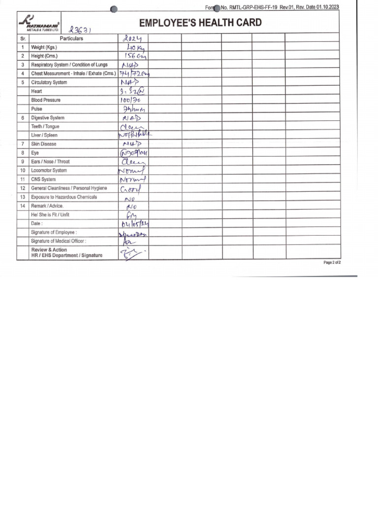 Employee' S Health Card | PDF