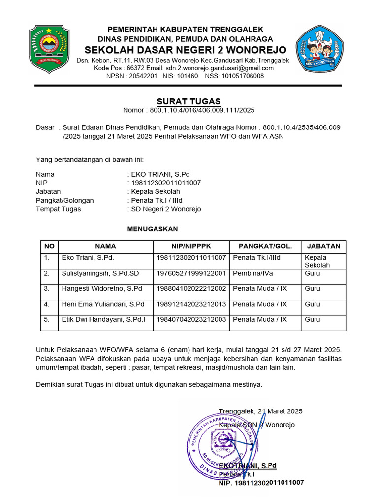 SURAT Tugas WFA Sabtu (22 Mar 2025) | PDF