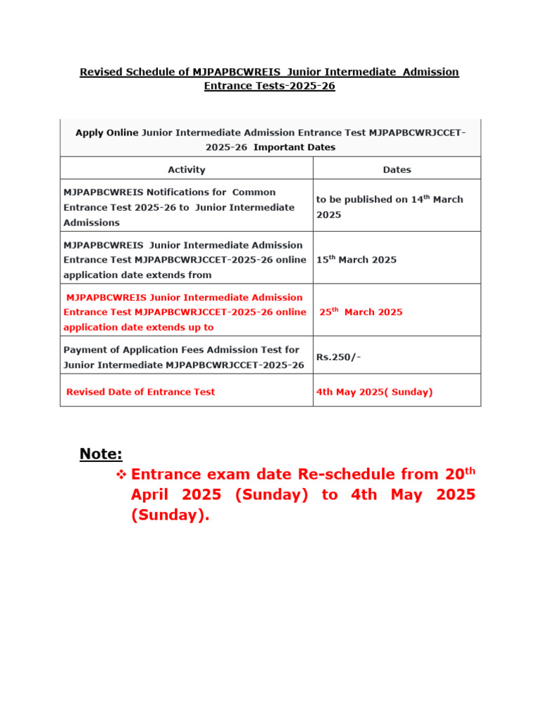 Revised Schedule For Intermediate MJPAPBCRJCET-2025-26 | PDF