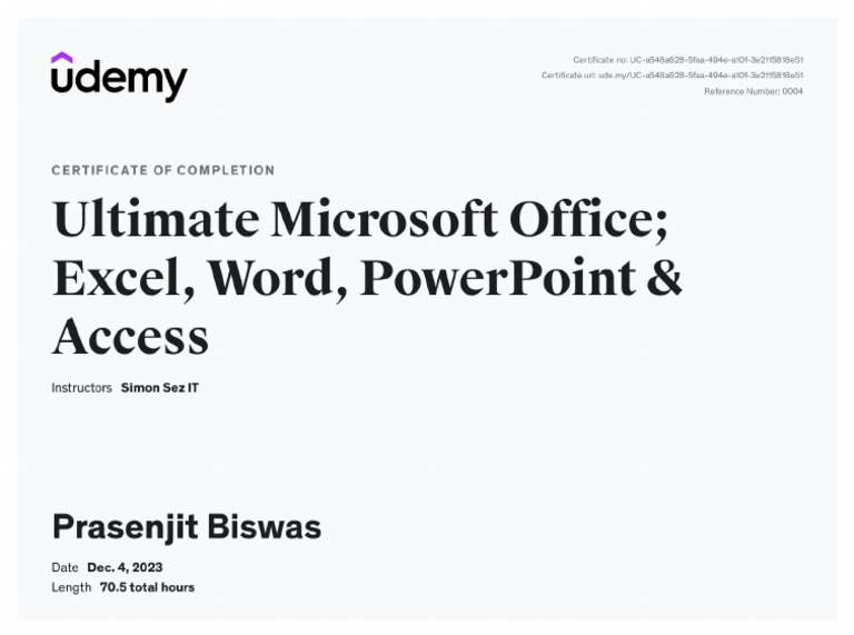 Udemy Ms Office Certificate 106741396 | PDF