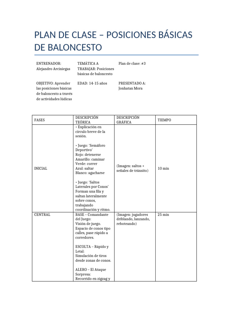 Plan Clase Baloncesto Formato Alejandro Arciniegas | PDF