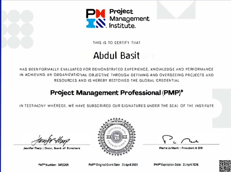 PMP Certification for Abdul Basit | PDF