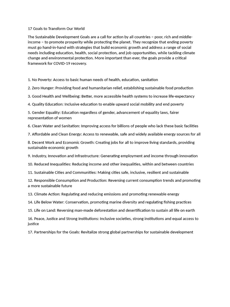 SDGs Sustainable Development Goals17 Goals To Transform Our World | PDF