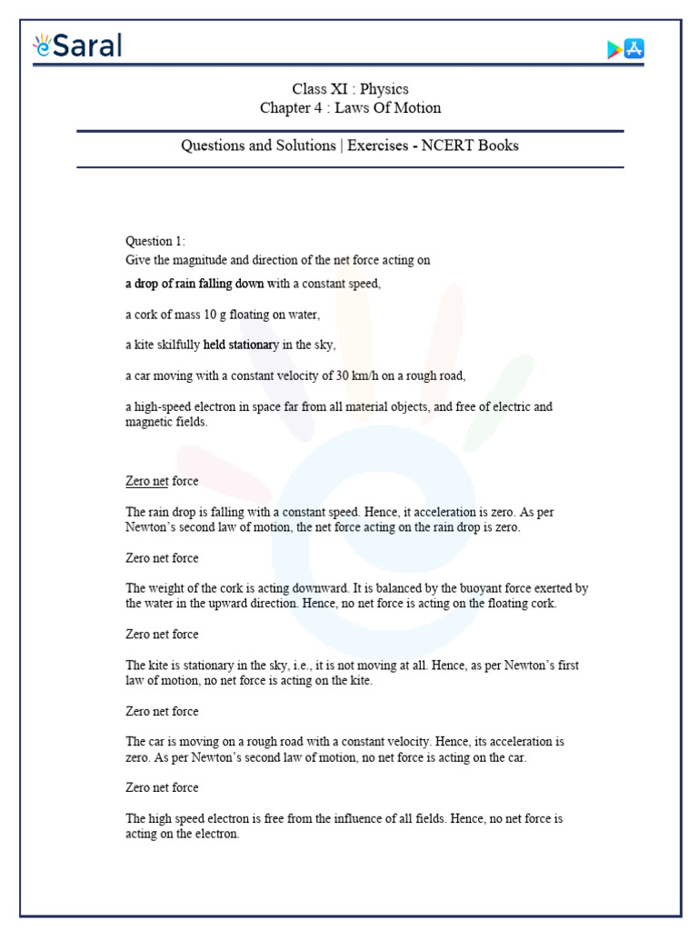 12224-NCERT-Solutions-Class-11-Physics-Chapter-4-Laws-Of-Motion-PDF | PDF | Force | Acceleration