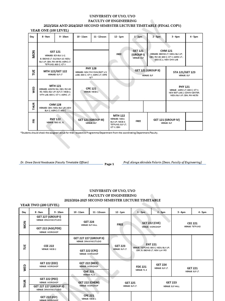 2023-2025 Second Semester Timetable Draft Copy-1 | PDF