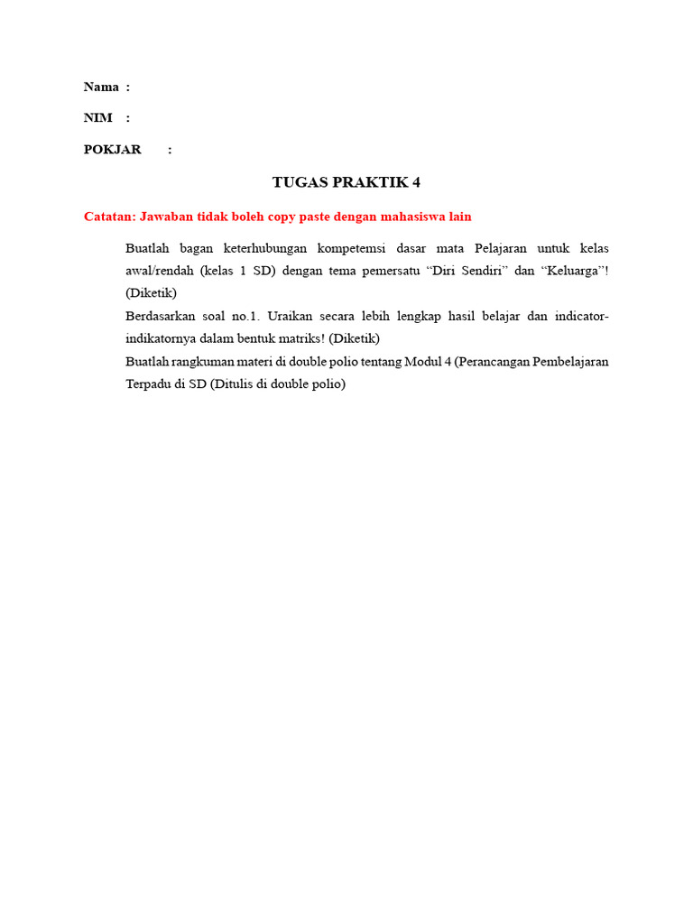 Tugas Praktik 4 Pembelajaran Terpadu Di SD | PDF