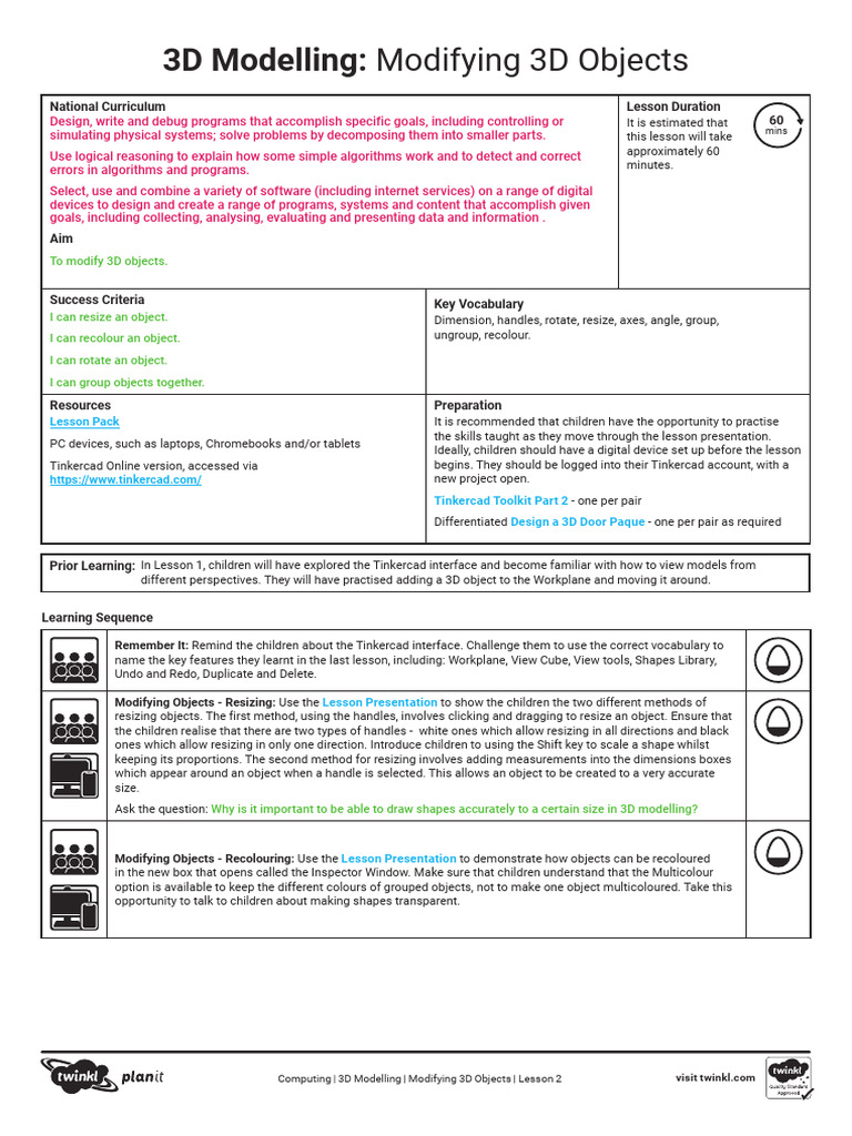 Lesson Plan - Modifying 3D Objects | PDF | 3 D Computer Graphics | 3 D Modeling