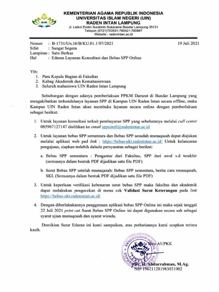 Surat Edaran Layanan Konsultasi SPP Online | PDF