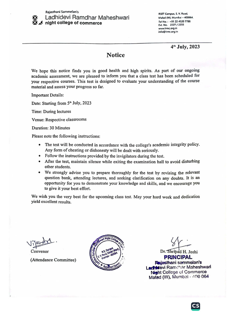 Notice For Class Test | PDF