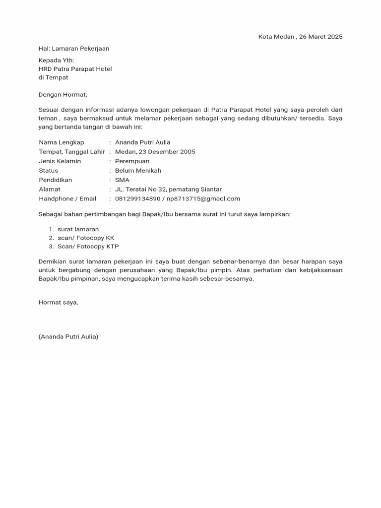 Lamaran-Patra Parapat Hotel | PDF