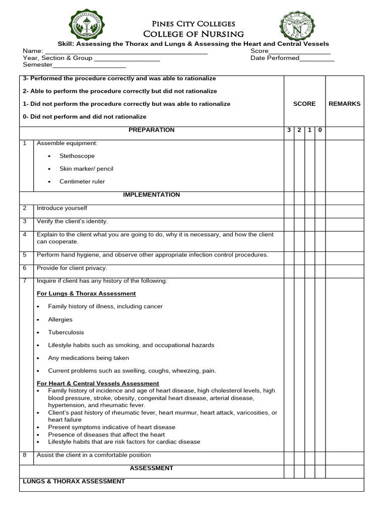 RLE 101 Lungs Thorax and Heart Central Vessels Assessment | PDF ...