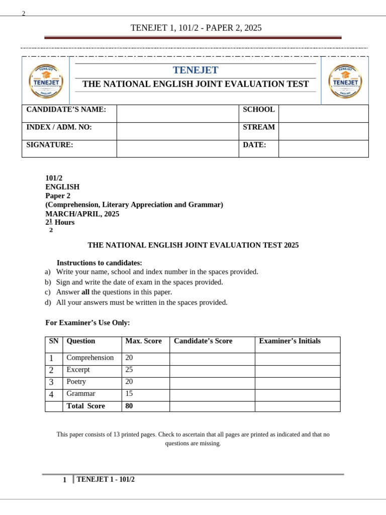 KCSE 2025 English Paper 2 Guide | PDF | Identity (Social Science ...