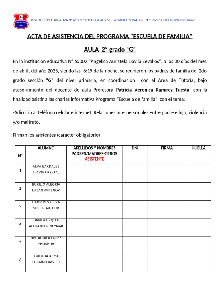 Acta Asistencia Escuela de Familia | PDF
