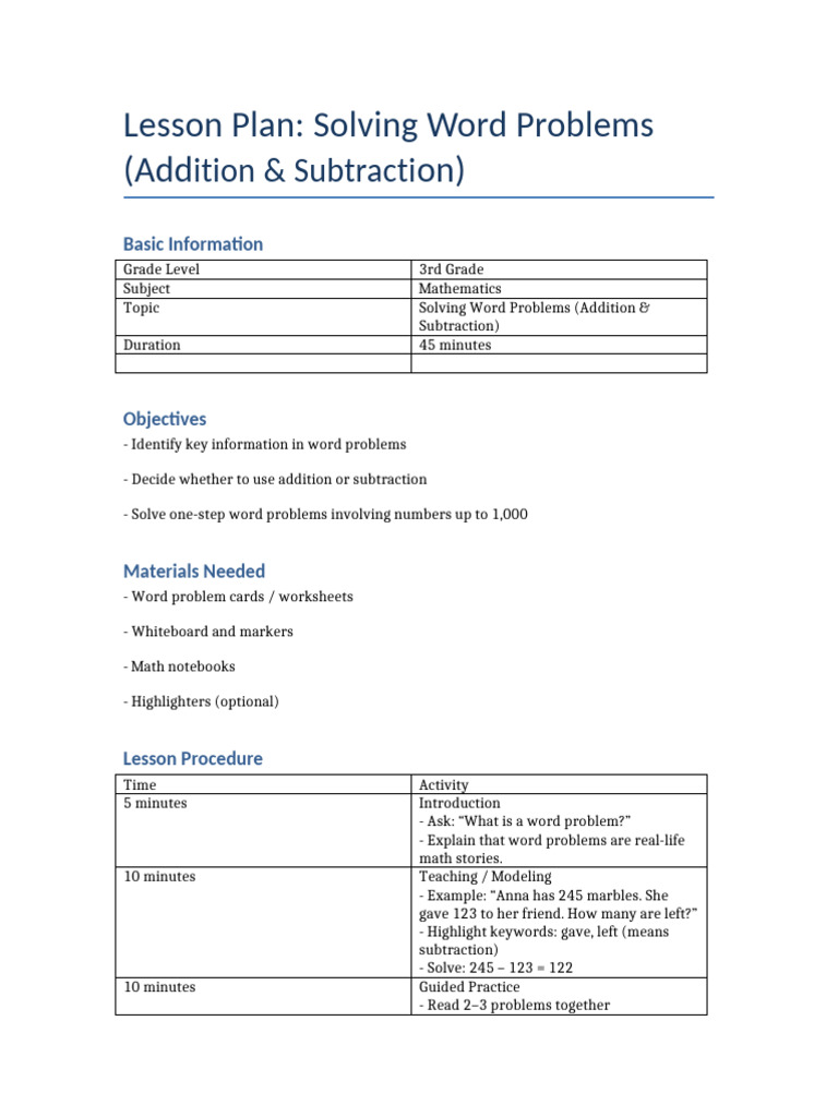 Grade3 Math LessonPlan WordProblems | PDF