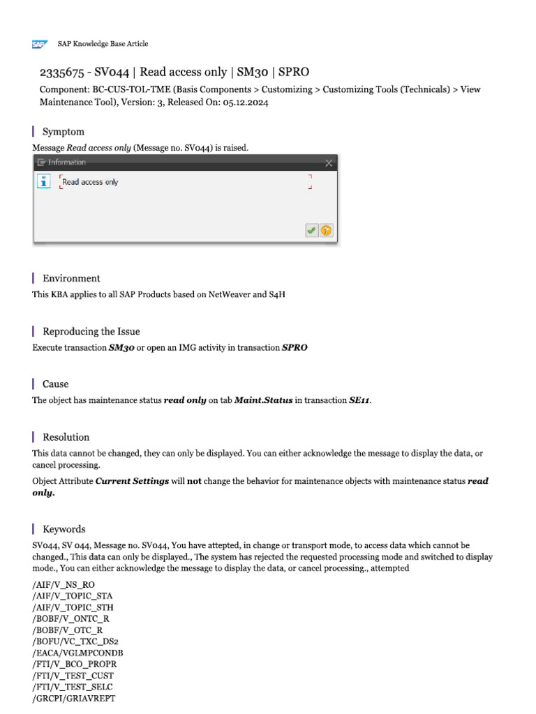SV044 Read Access Only SM30 | PDF