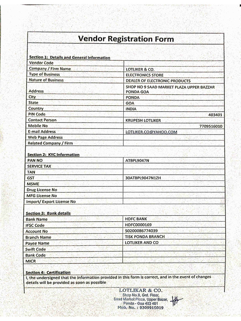 Vendor Registration Form - Lotlikar Electronics | PDF