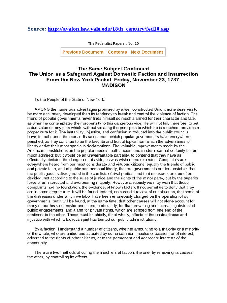 Federalist Papers 10 - Alexander Hamilton | PDF | Democracy | Political ...