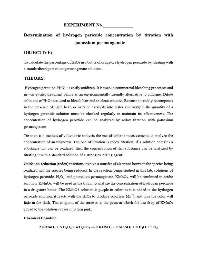 Determination of Hydrogen Peroxide Concentration by Titration With ...