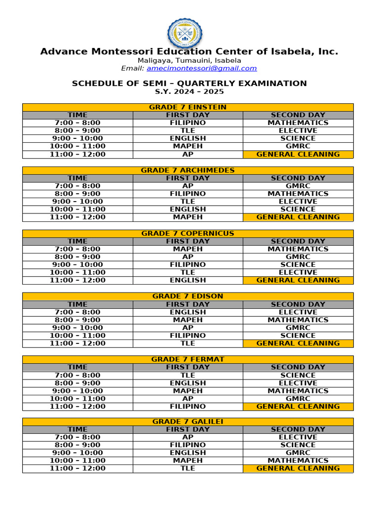 Grade 7-10 Exam Schedule 2024-2025 | PDF | Mathematics | Science