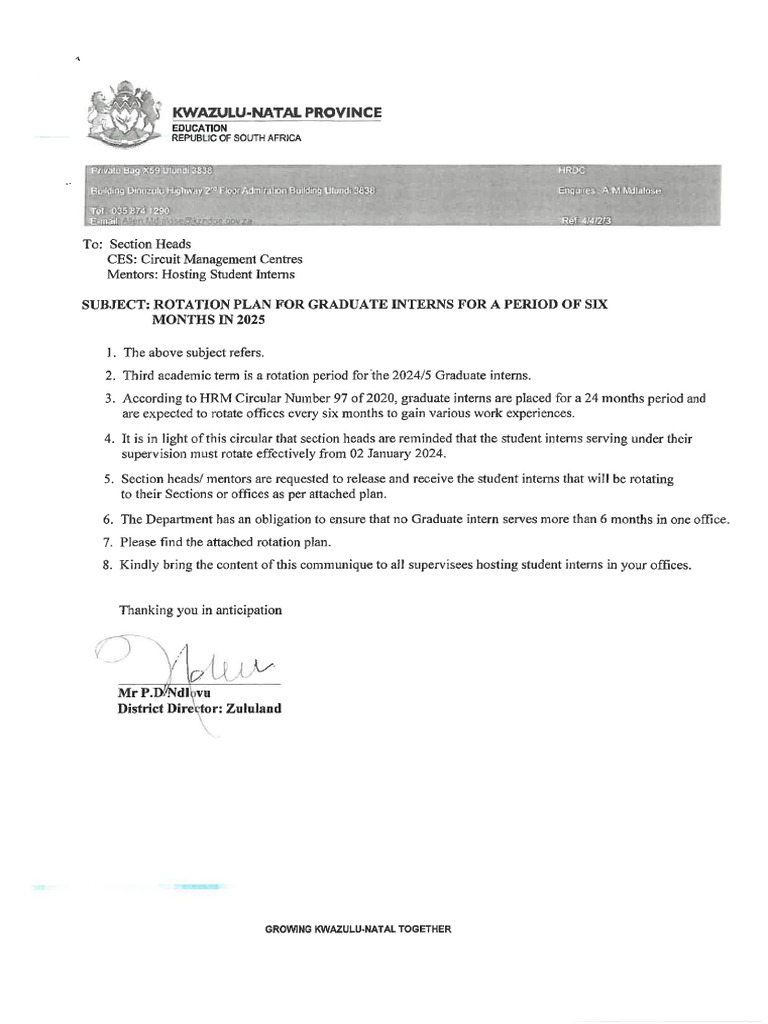 Rotation Plan For Graduate Interns For A Period of Six Months in 2025 | PDF
