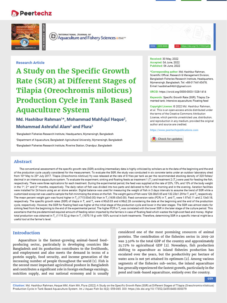 A Study On The Specific Growth Rate (SGR) at Different Stages of Tilapia (Oreochromis Niloticus ...