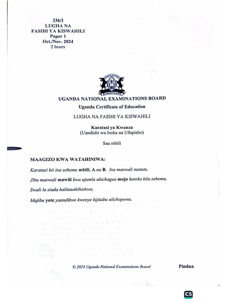 Lugha Na Fasihi Ya Kiswahili Paper 1 Oct Nov 2024 | PDF