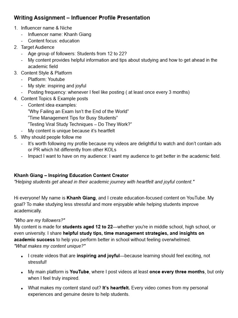 Writing Assignment - Influencer Profile Presentation: Khanh Giang ...