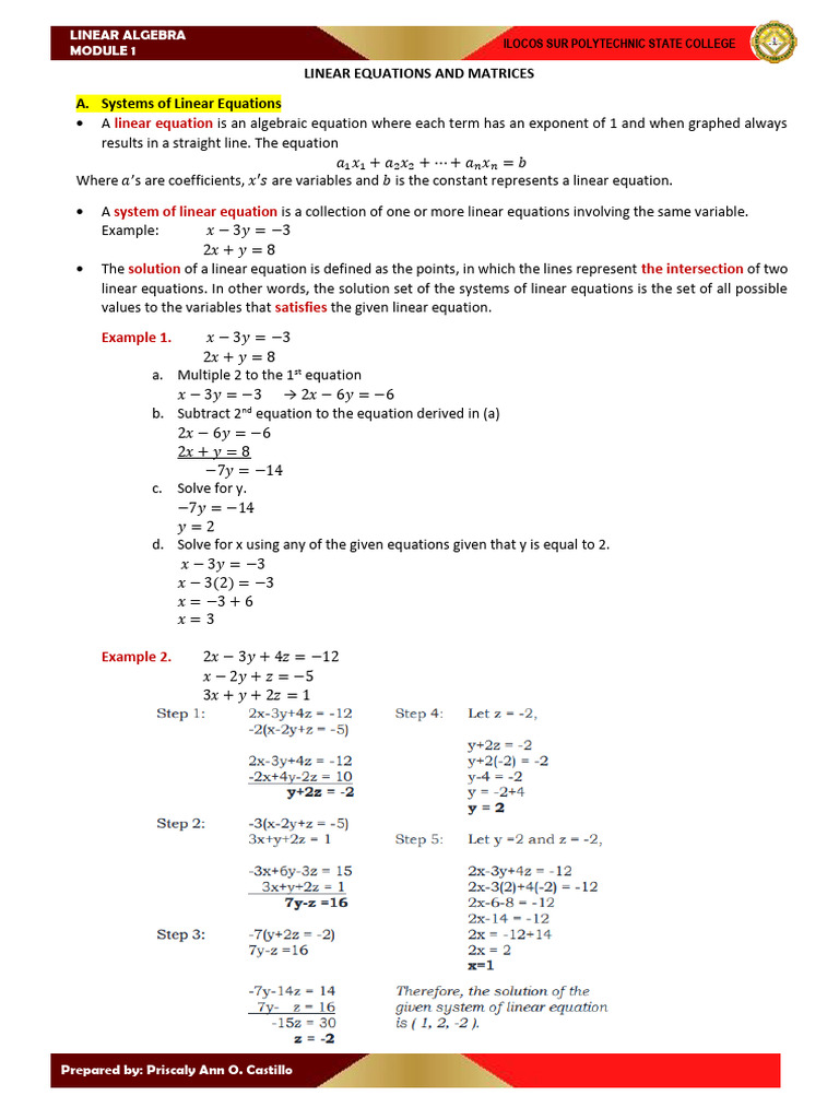 Linear Algebra MODULE 1 Linear Equations and Matrices | PDF | Matrix ...