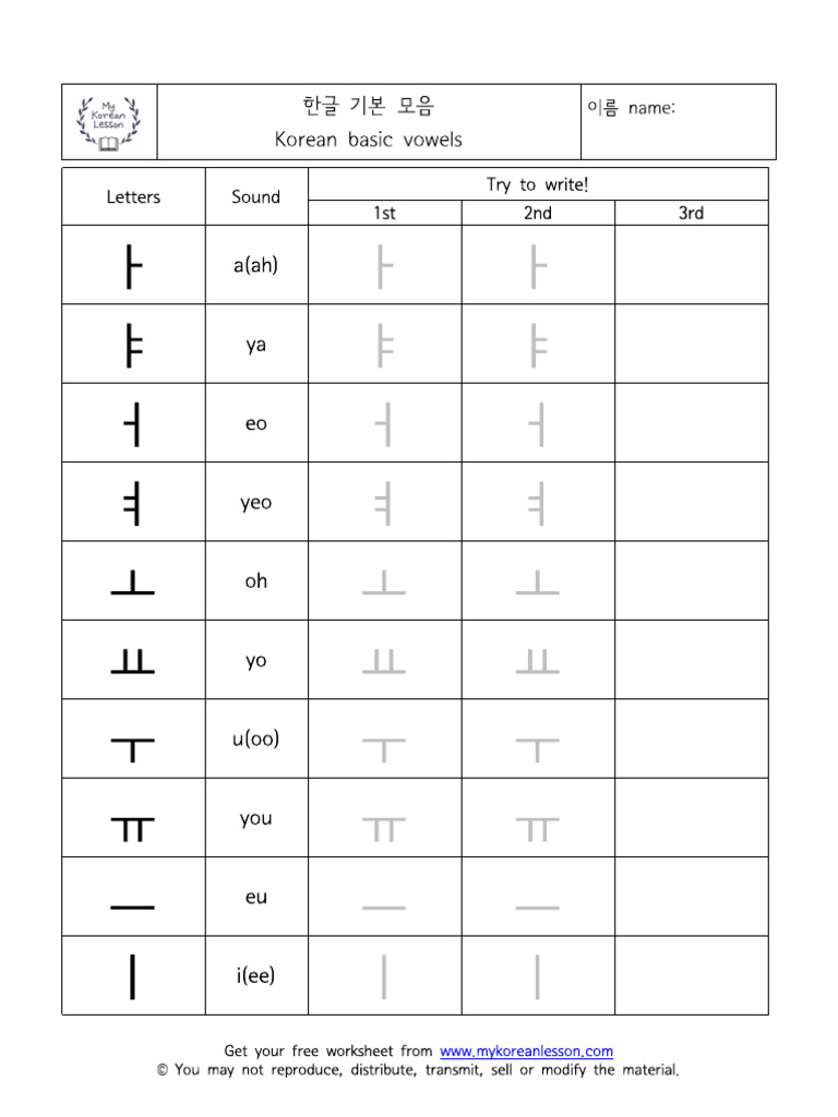 Basic Vowels - MYKOREANLESSON | PDF