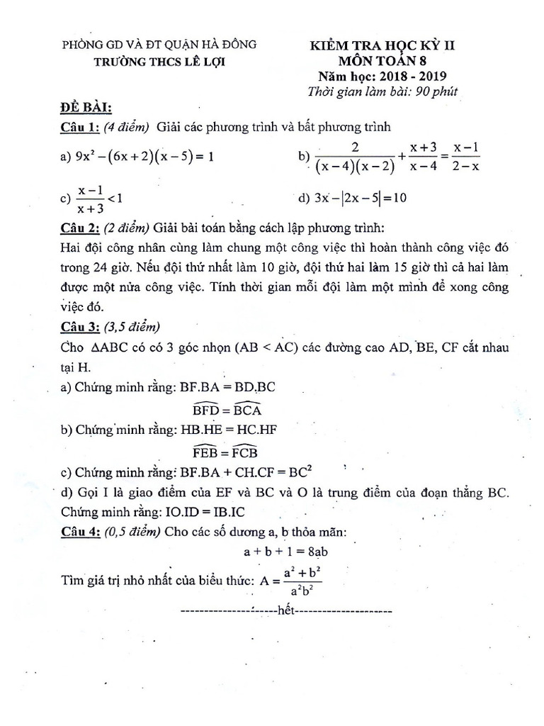 De Kiem Tra Hoc Ky 2 Toan 8 Nam 2018 2019 Truong Thcs Le Loi Ha Noi | PDF