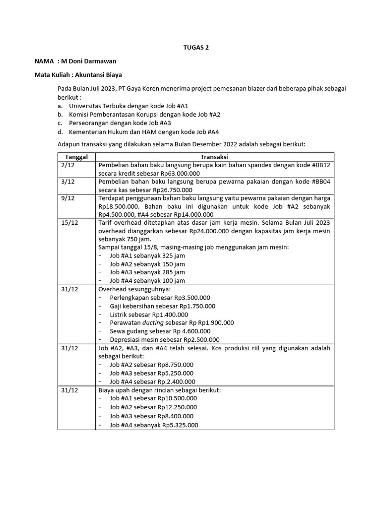 Tugas 2 Akutansi Biaya M Doni Darmawan | PDF