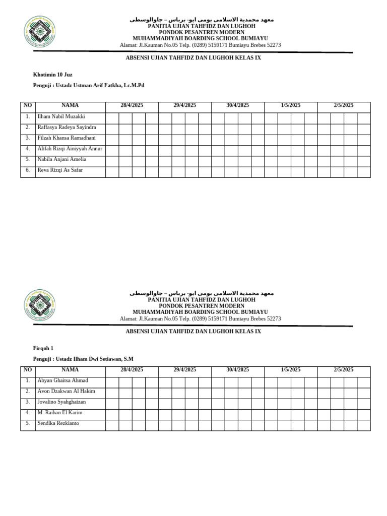 ABSENSI Ujian Tahfidz Putra Putri Kelas IX | PDF