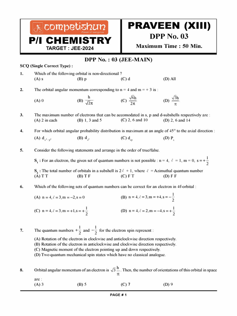 DPP-03 - PI Chemistry | PDF | Spin (Physics) | Atomic Orbital