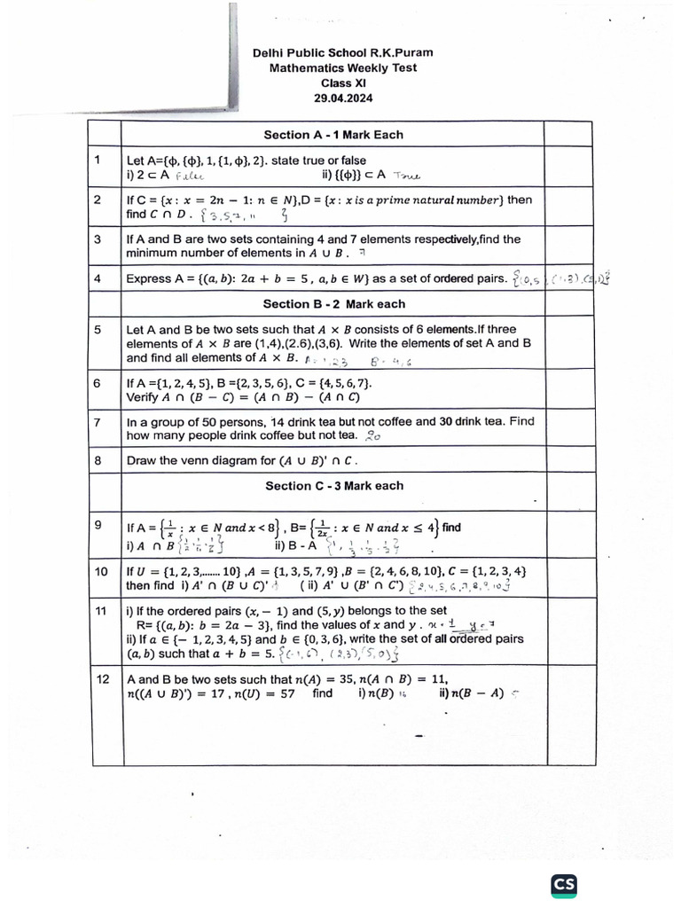XI Maths DPS UT Paper 2024 | PDF