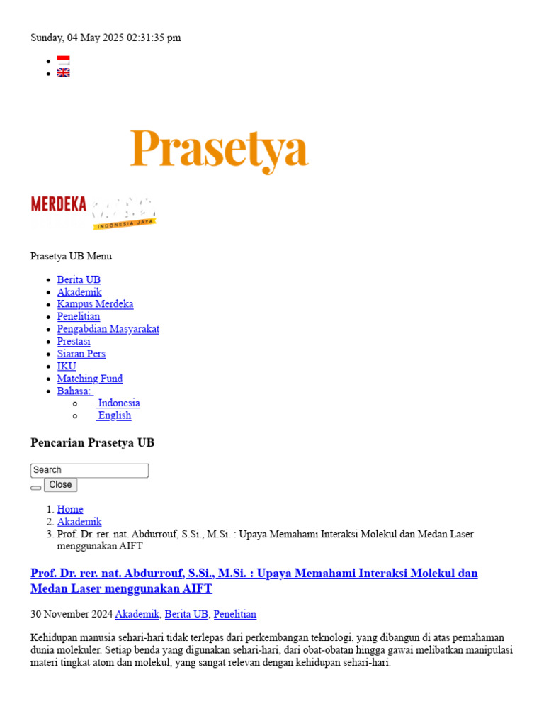 Prof. Dr. rer. nat. Abdurrouf, S.Si., M.Si. _ Upaya Memahami Interaksi Molekul dan Medan Laser ...