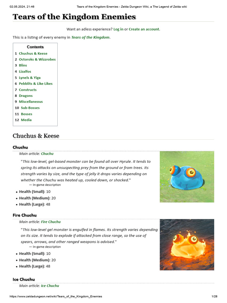 Tears of the Kingdom Enemy List | PDF