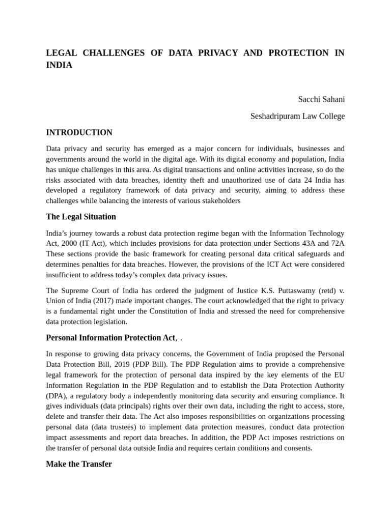 Legal Challenges of Data Privacy and Protection in India | PDF ...