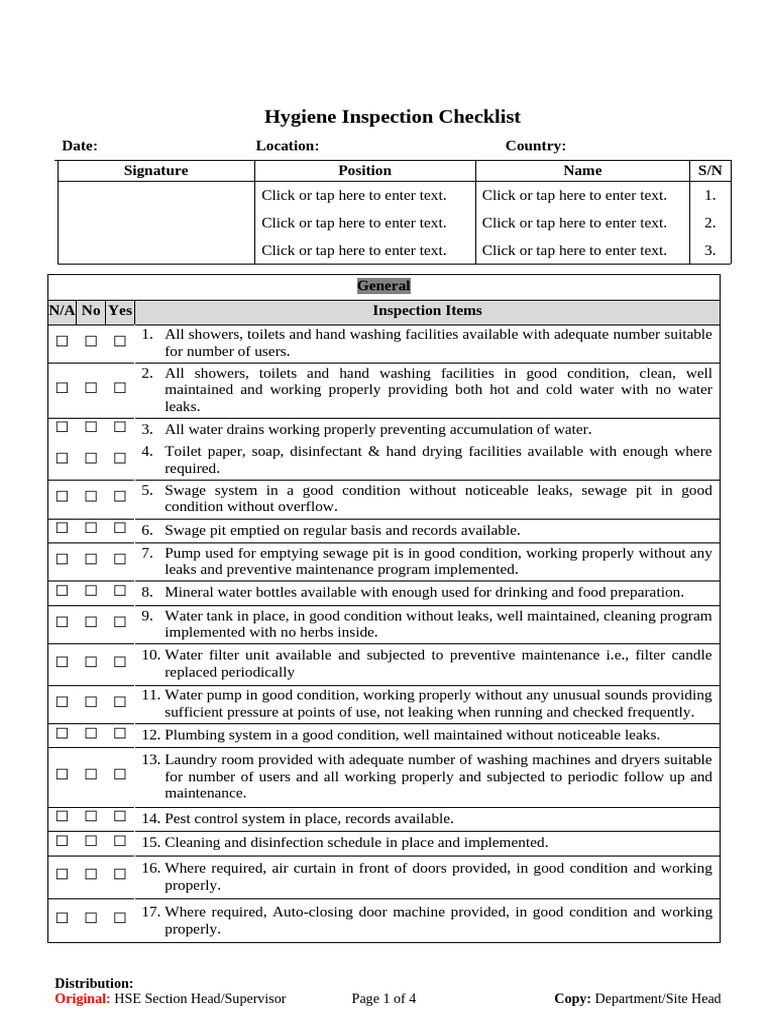 Hygiene Inspection Checklist | PDF | Refrigerator | Hygiene