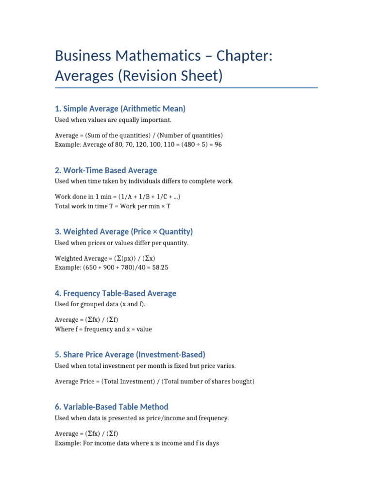 Business Maths Averages Revision Sheet | PDF