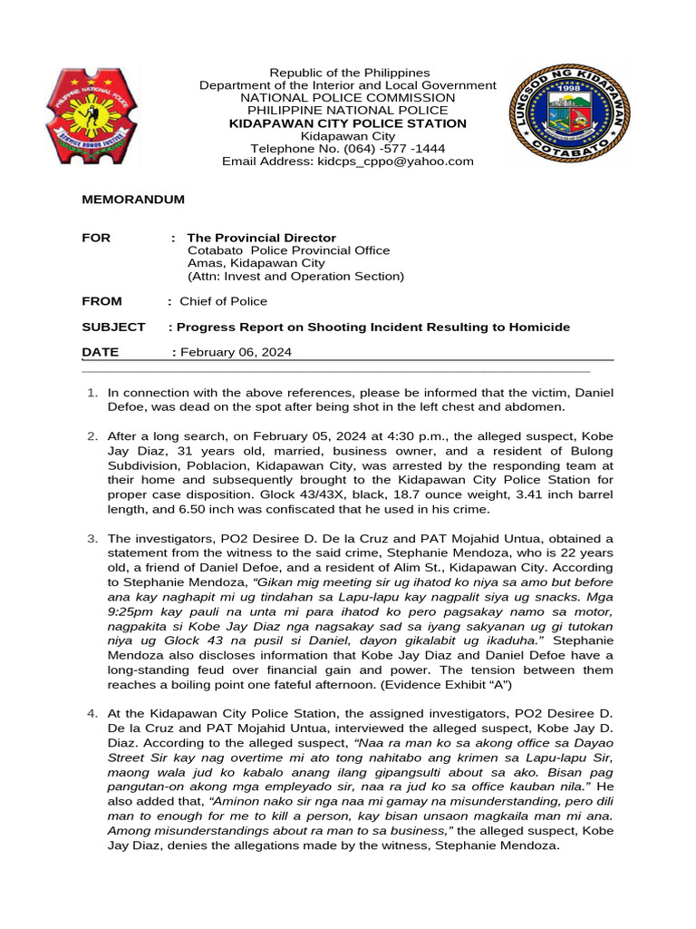 Progress Report Shooting Incident Resulting To Homicide | PDF | Law Enforcement | Crime & Violence