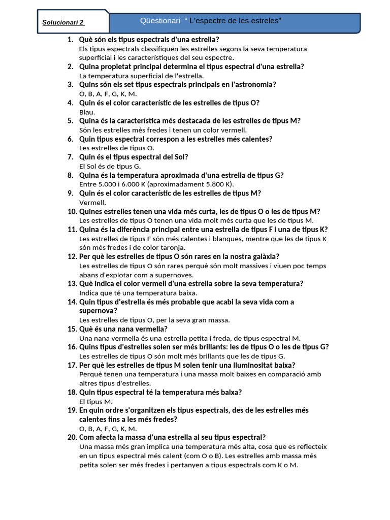 Solucionari 2 Questionari Espectre Estreles | PDF