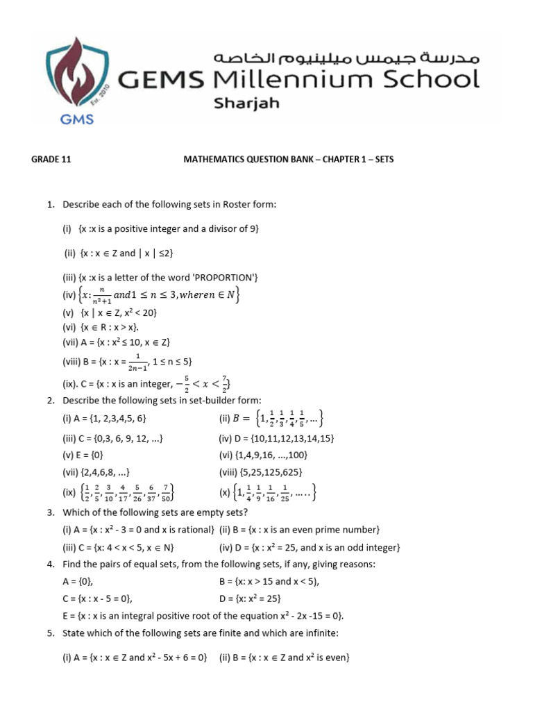 Grade 11 Chapter 01 Sets Question Bank | PDF | Mathematics | Elementary Mathematics