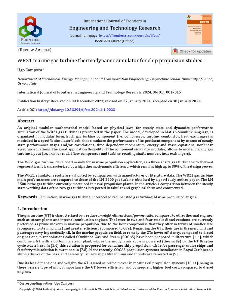 WR21 Marine Gas Turbine Thermodynamic Simulator Fo | PDF | Marine ...