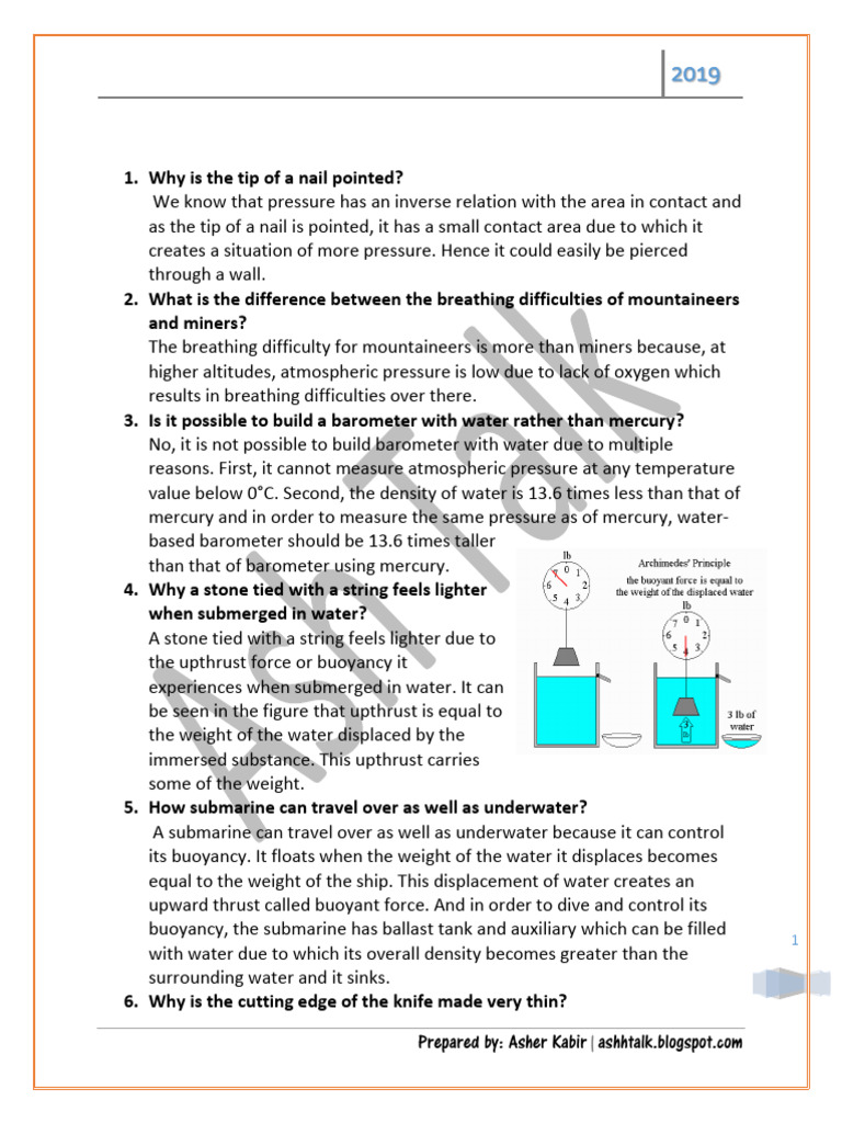 9th Class Physics Notes - Chapter 7 - AJK Board | PDF | Buoyancy | Pressure