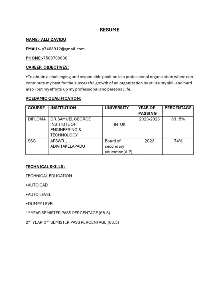 Resume: Name:-Alli Davidu Email: - Phone: - Career Objectives | PDF