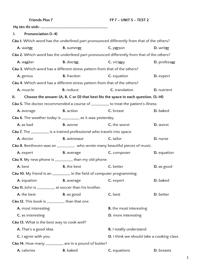 Ôn tập giữa học kì II- Unit 5 - Test 2 - FP7 | PDF